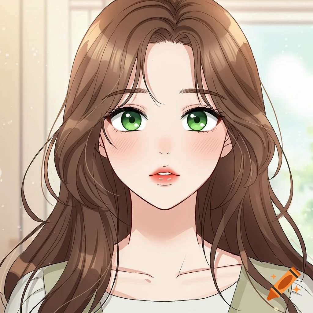 Close-up portrait of a girl with brown hair and green eyes in webtoon ...