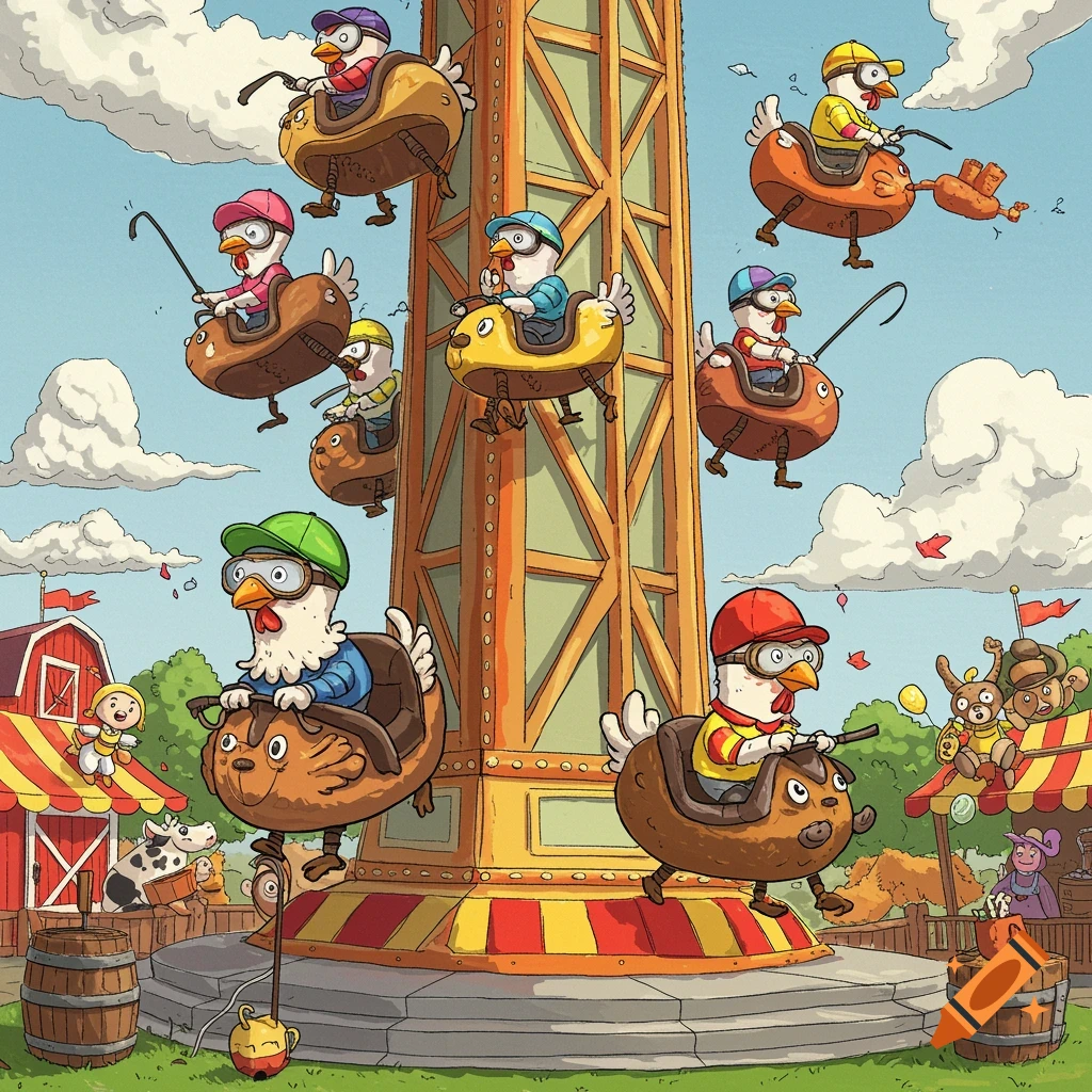 A cartoon candy-themed amusement park drop tower ride with cute ...