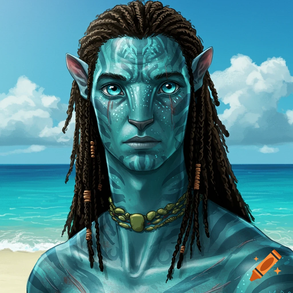 Portrait of a blue-skinned Na'vi character with braids and tribal ...