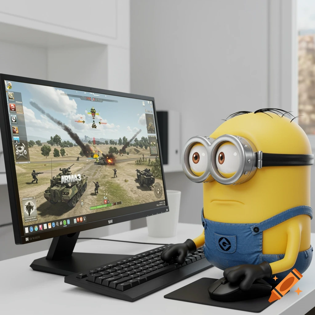 Minion playing Arma on computer with Arma logo on screen, cartoon style ...