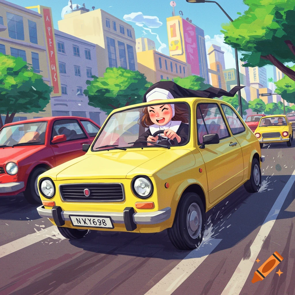 A young nun drives a yellow car on a city street. on Craiyon