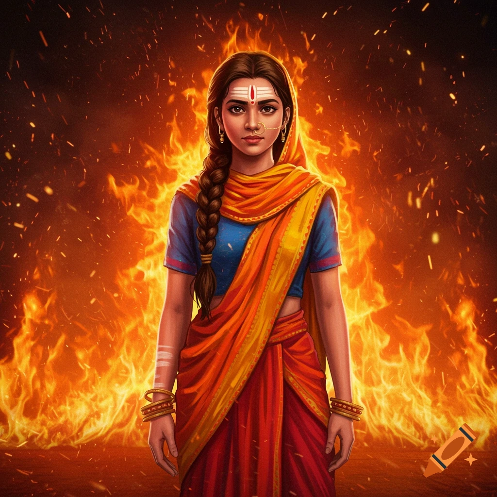 Hindu girl with headscarf standing in front of fire on Craiyon