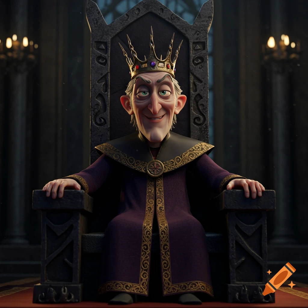An old, evil-looking king sits on a stone throne in a dark hall ...