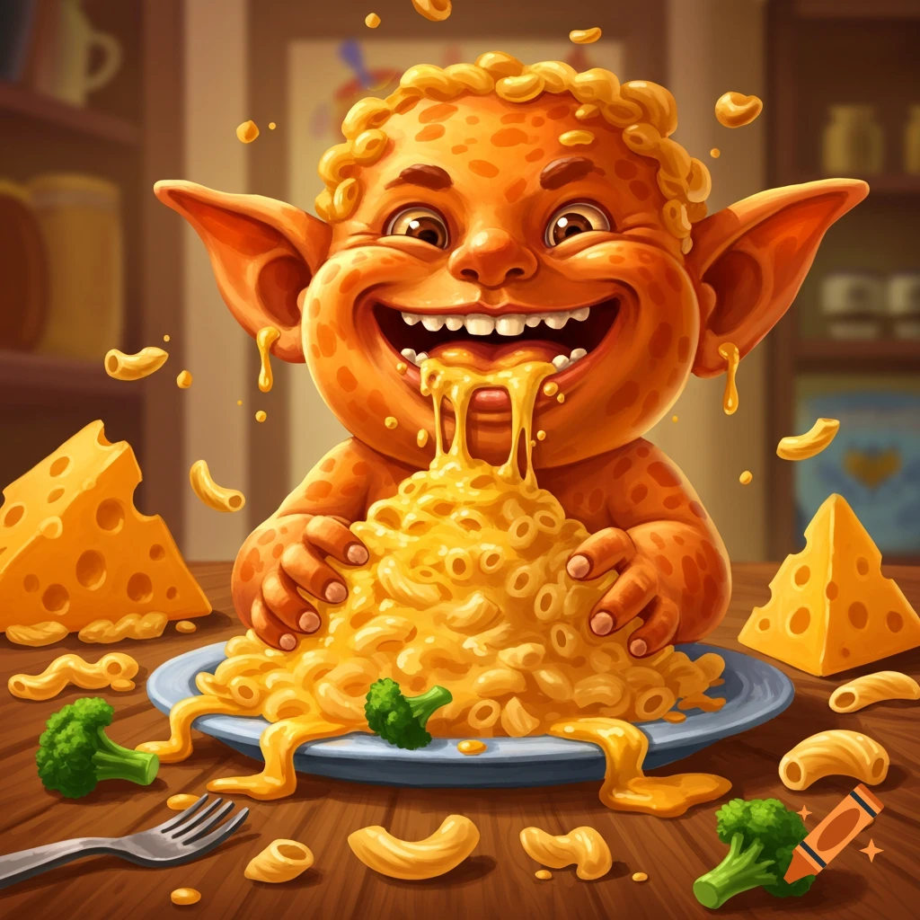 Cheddar Goblin eating macaroni and cheese on Craiyon