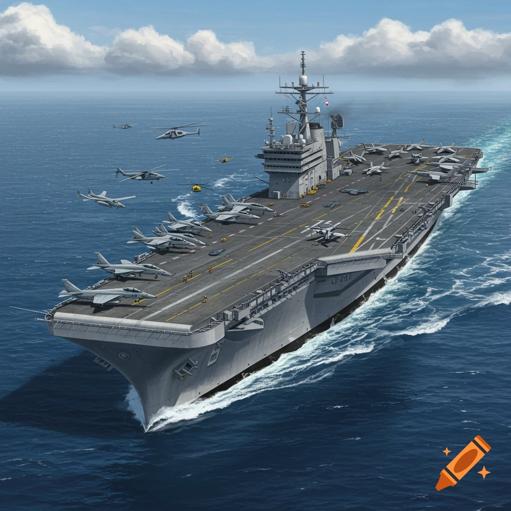 Illustration of a jet flying over an aircraft carrier with other ...