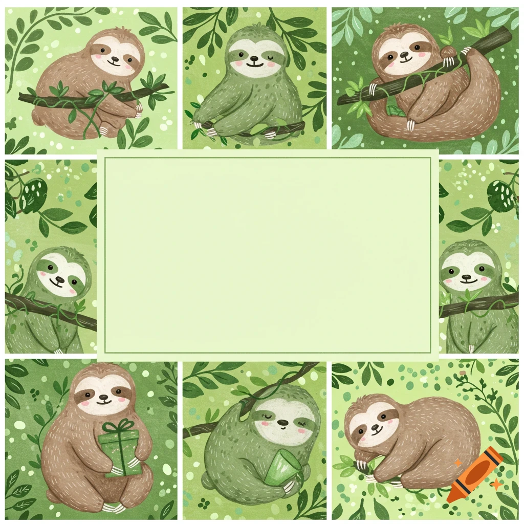 Collage of cute sloths and greenery around a blank writing space. on ...