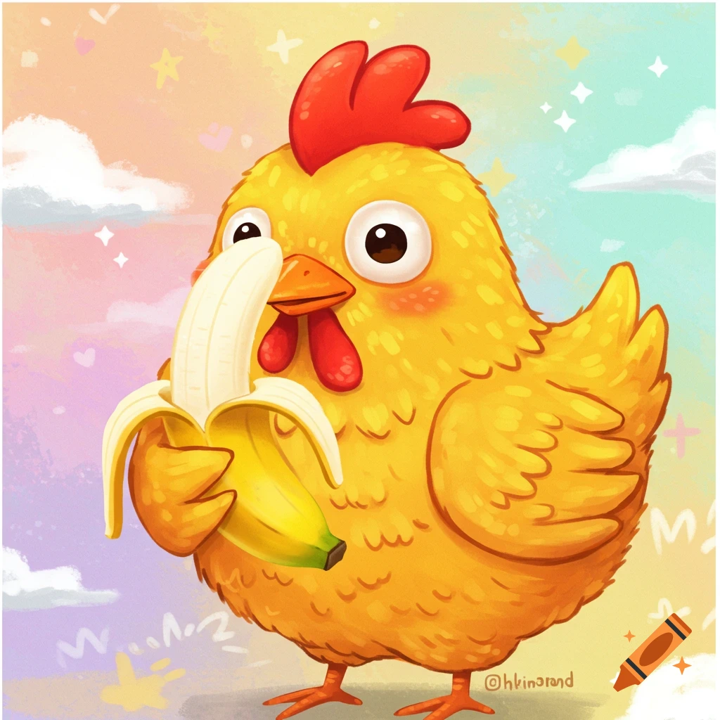 A cute cartoon chicken holds and eats a peeled banana. on Craiyon