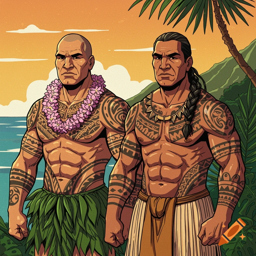 Hawaiian men with muscles and tattoos on Craiyon