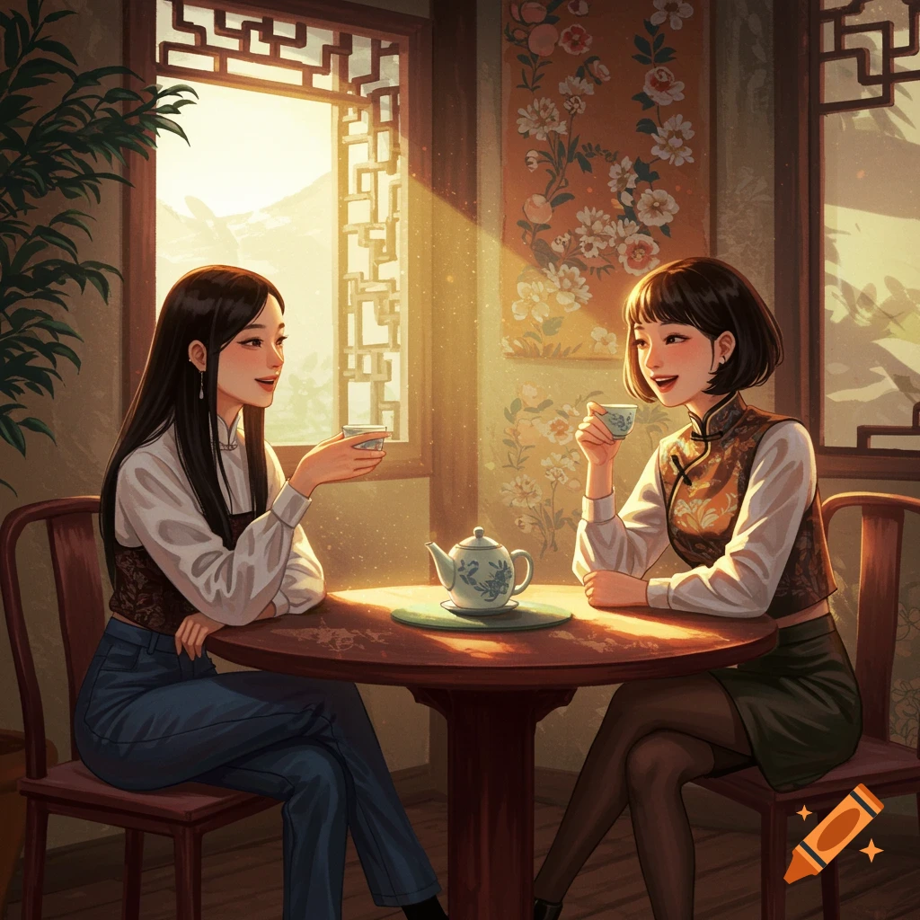 Two women drinking tea in a traditional Chinese teahouse. on Craiyon
