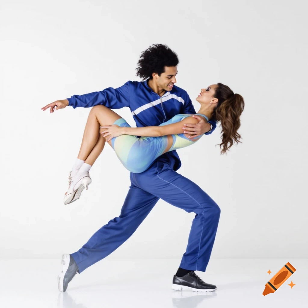 Two dancers in athletic wear perform a lift on a white background. on Craiyon