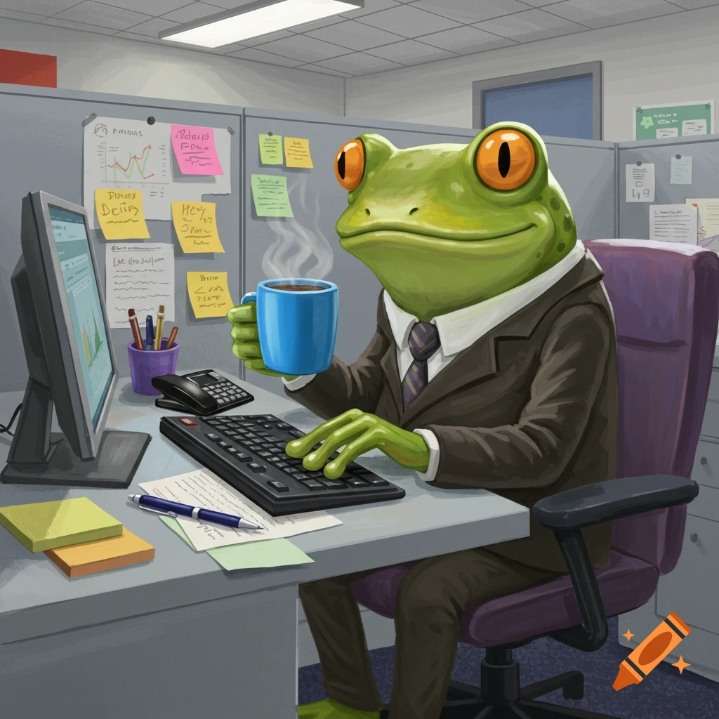 An anthropomorphic frog in a suit, sitting at an office desk, typing on ...