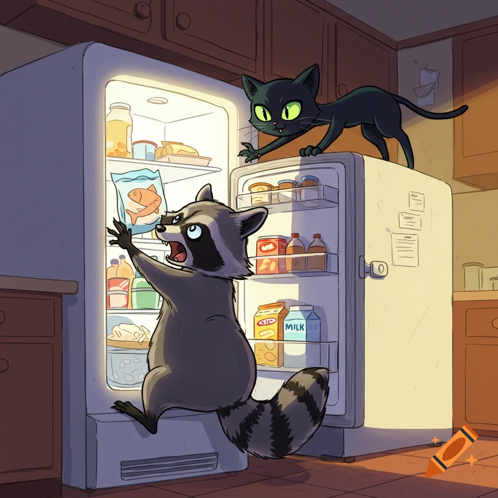 Cartoon manga style illustration of a raccoon and black cat raiding a ...