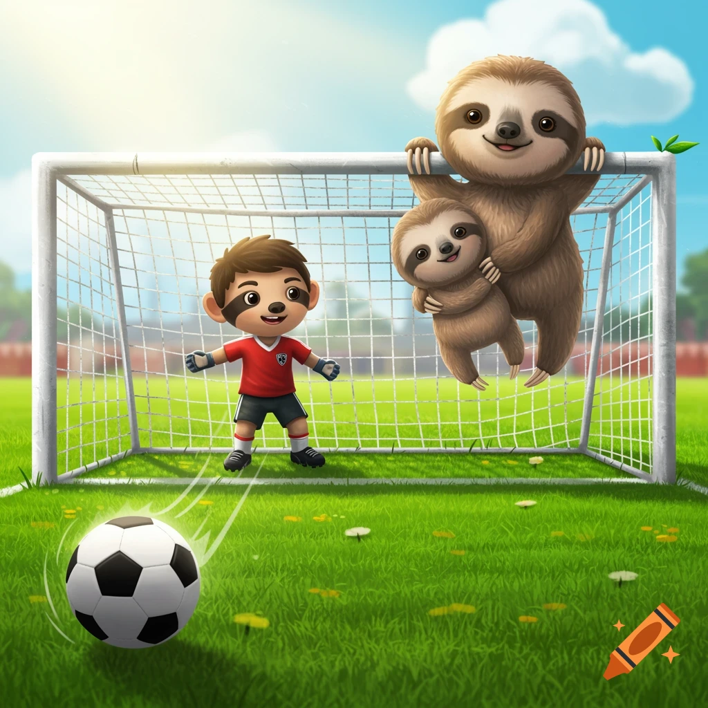 Bobblehead of baby and mommy sloth on soccer goal with goalie on Craiyon