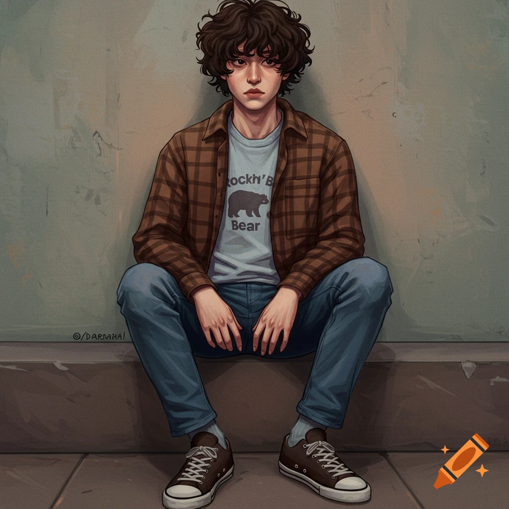 Young man in Rockin' Bear tee, flannel, slim jeans, and sneakers with ...