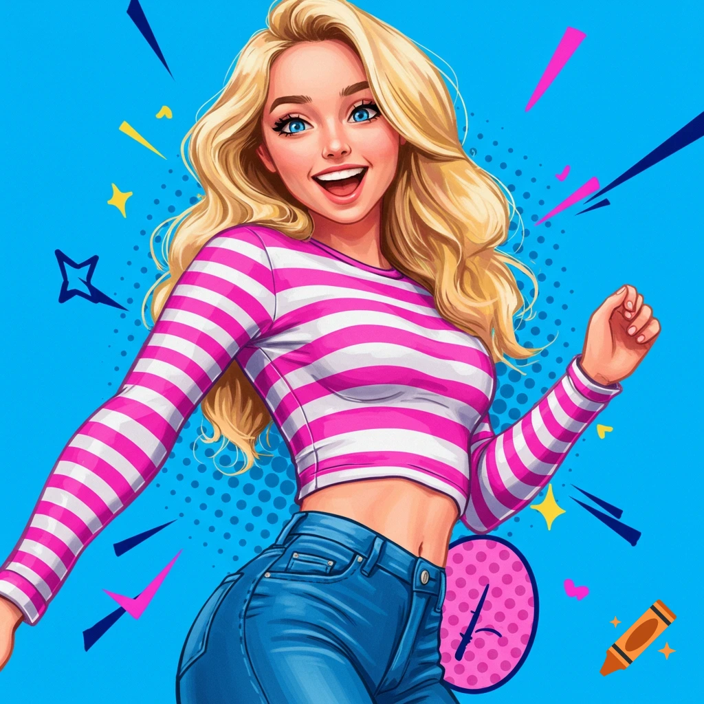 A smiling blonde woman in a striped cropped top and jeans, with pop art ...