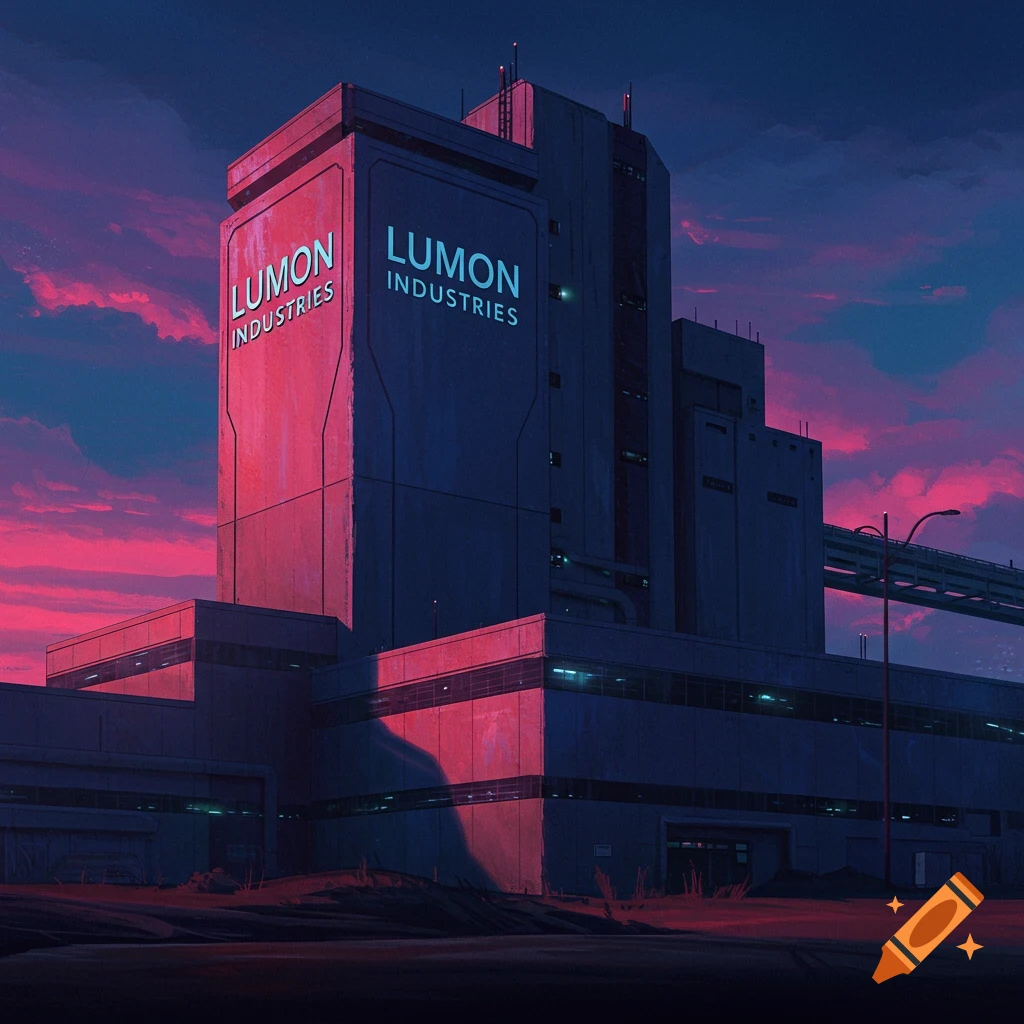 Brutalist corporate building with Lumon Industries text at dusk with a ...