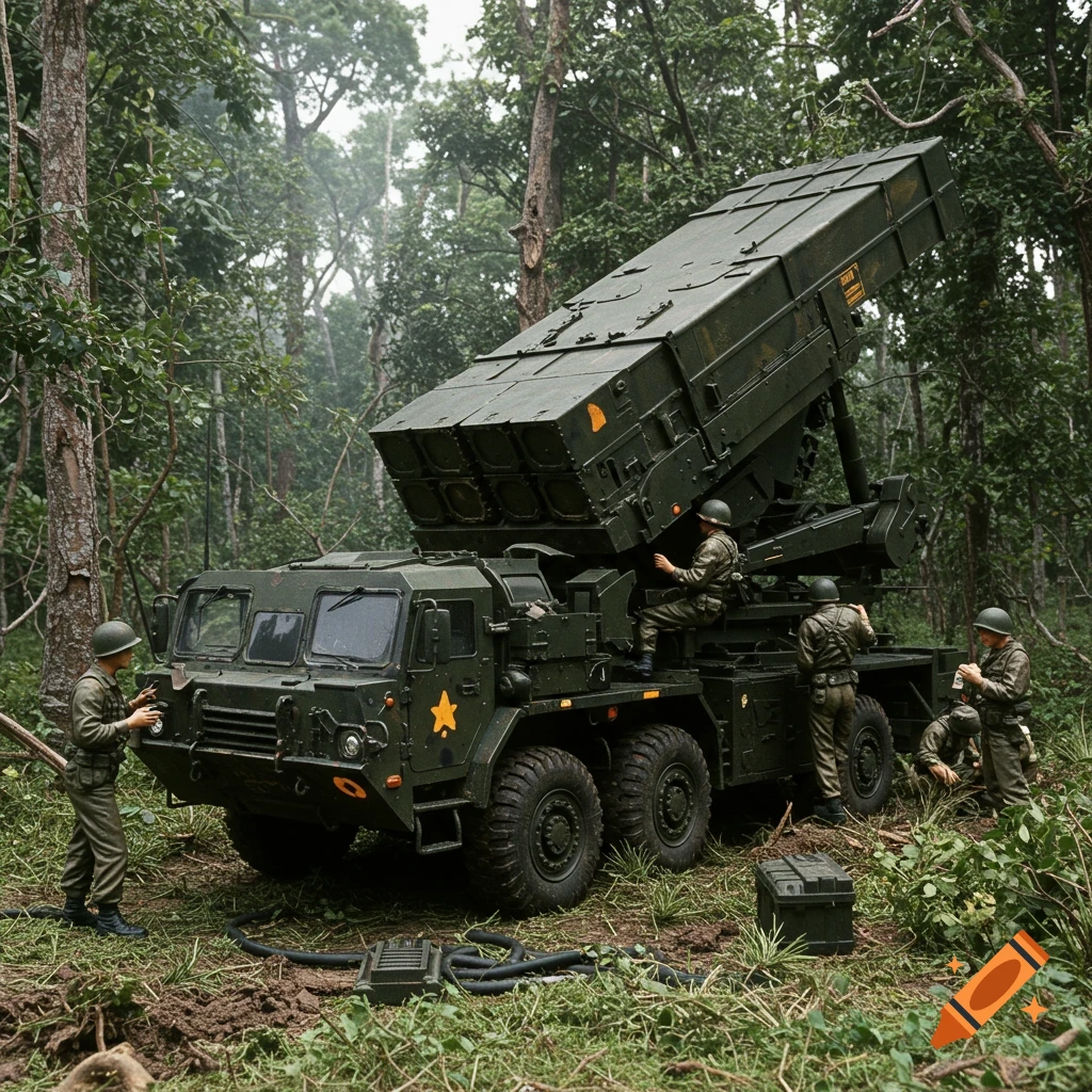 Military missile vehicle and soldiers in a forest on Craiyon