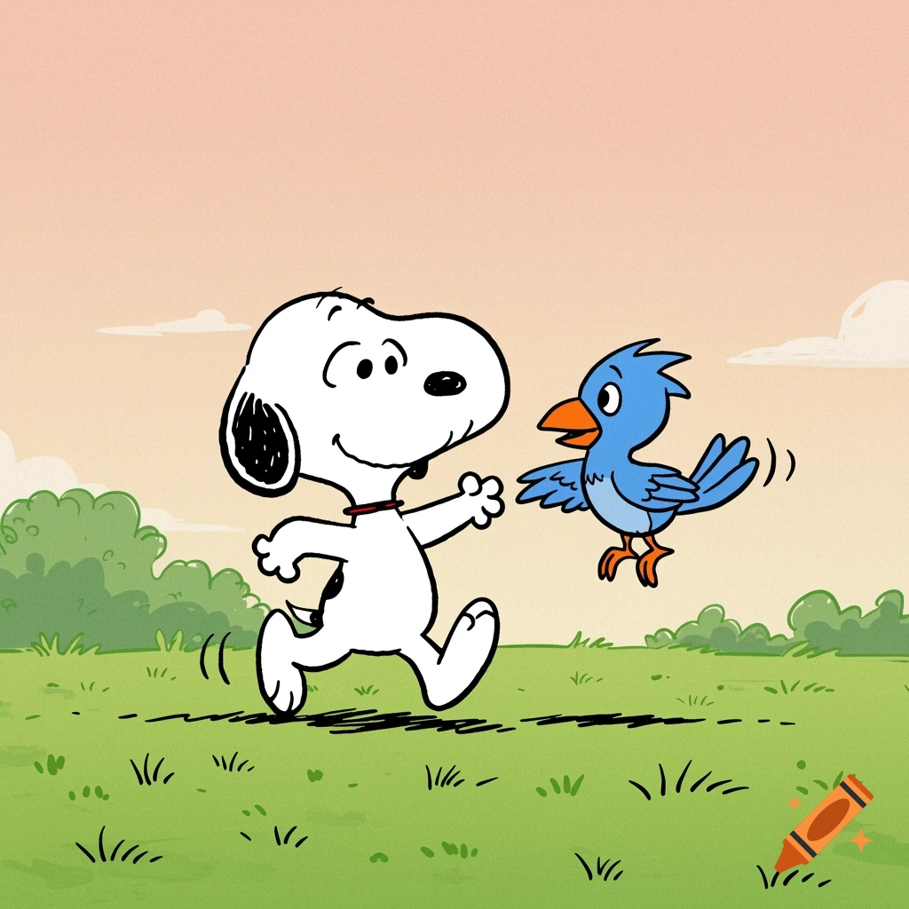 Snoopy looks nervous at a Peanuts birthday party with other characters ...