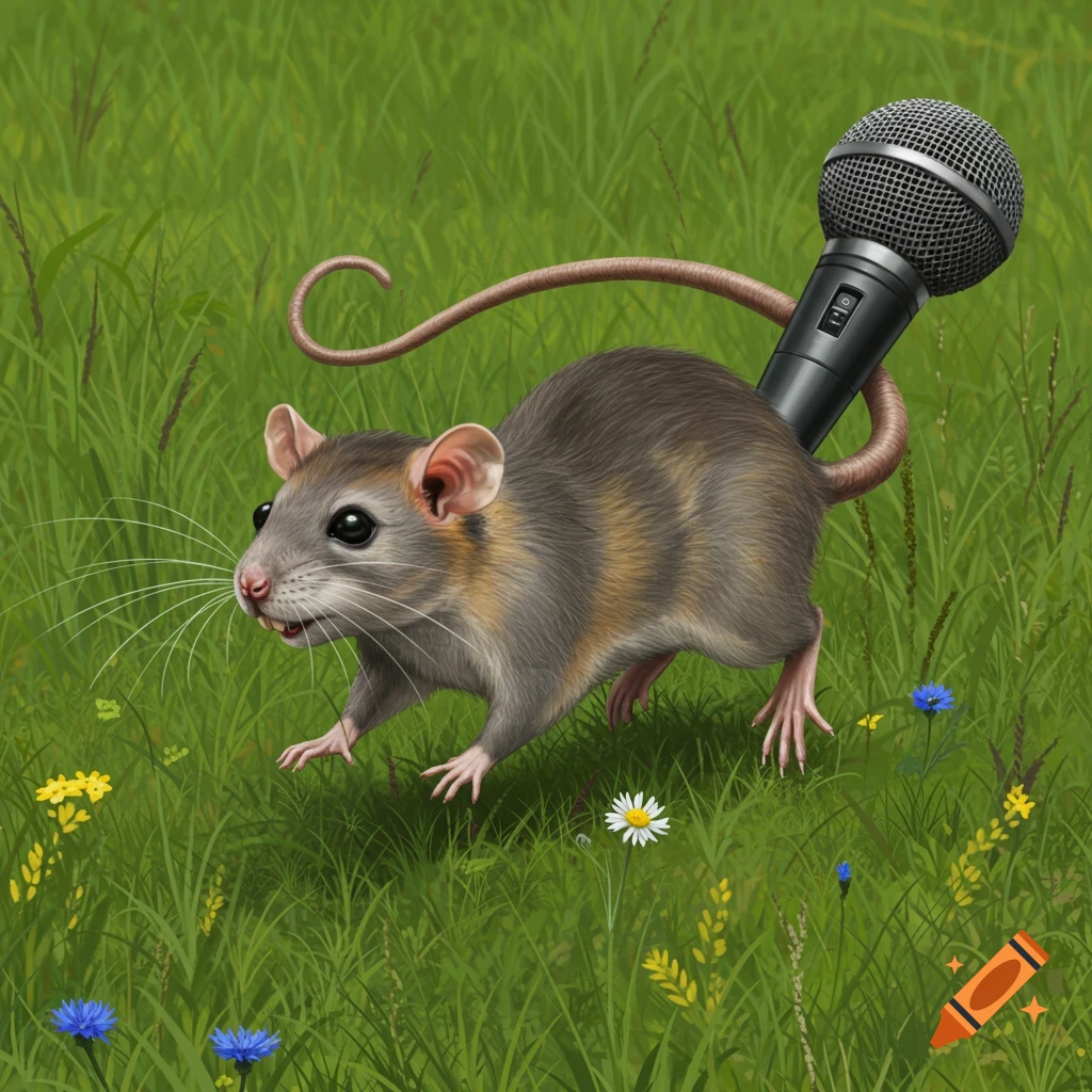 Realistic tree rat with a microphone tail running in a grassy field on ...