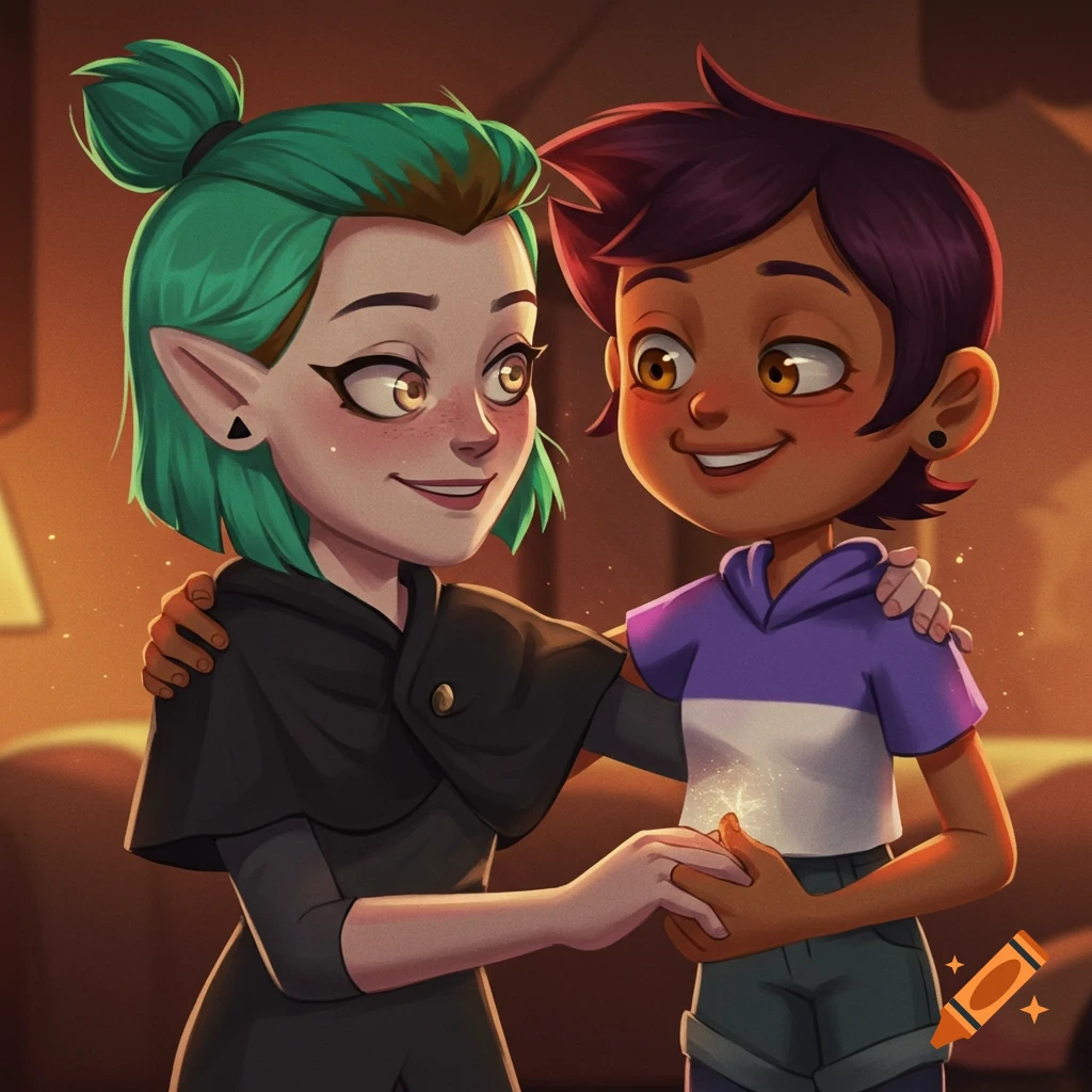 Luz and Amity from The Owl House embracing and holding hands. on Craiyon