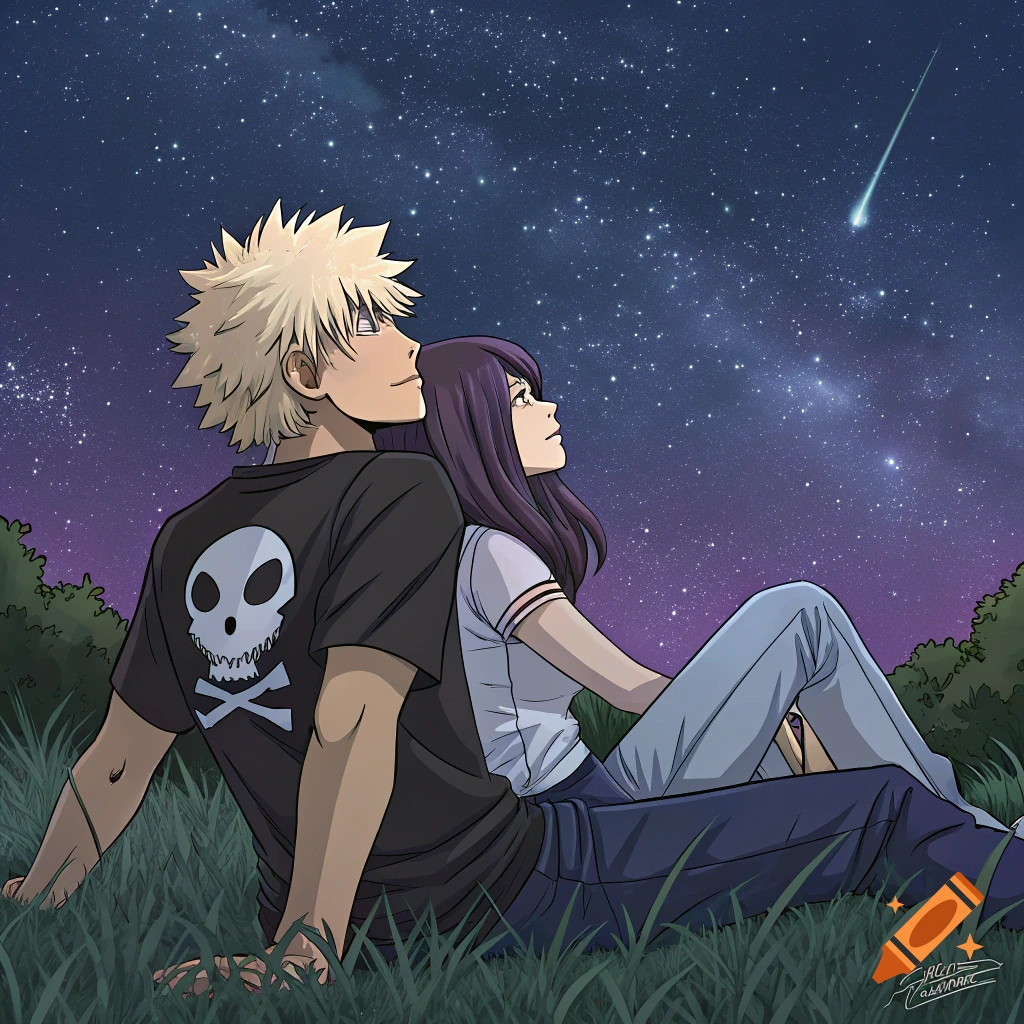 Two anime characters sit in grass looking up at a starry night sky with ...