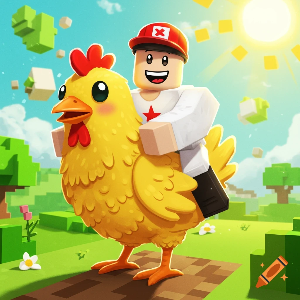 Roblox style character riding a large chicken through a blocky ...