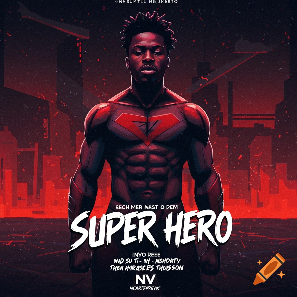 A man in a red and black superhero suit stands in front of a cityscape ...