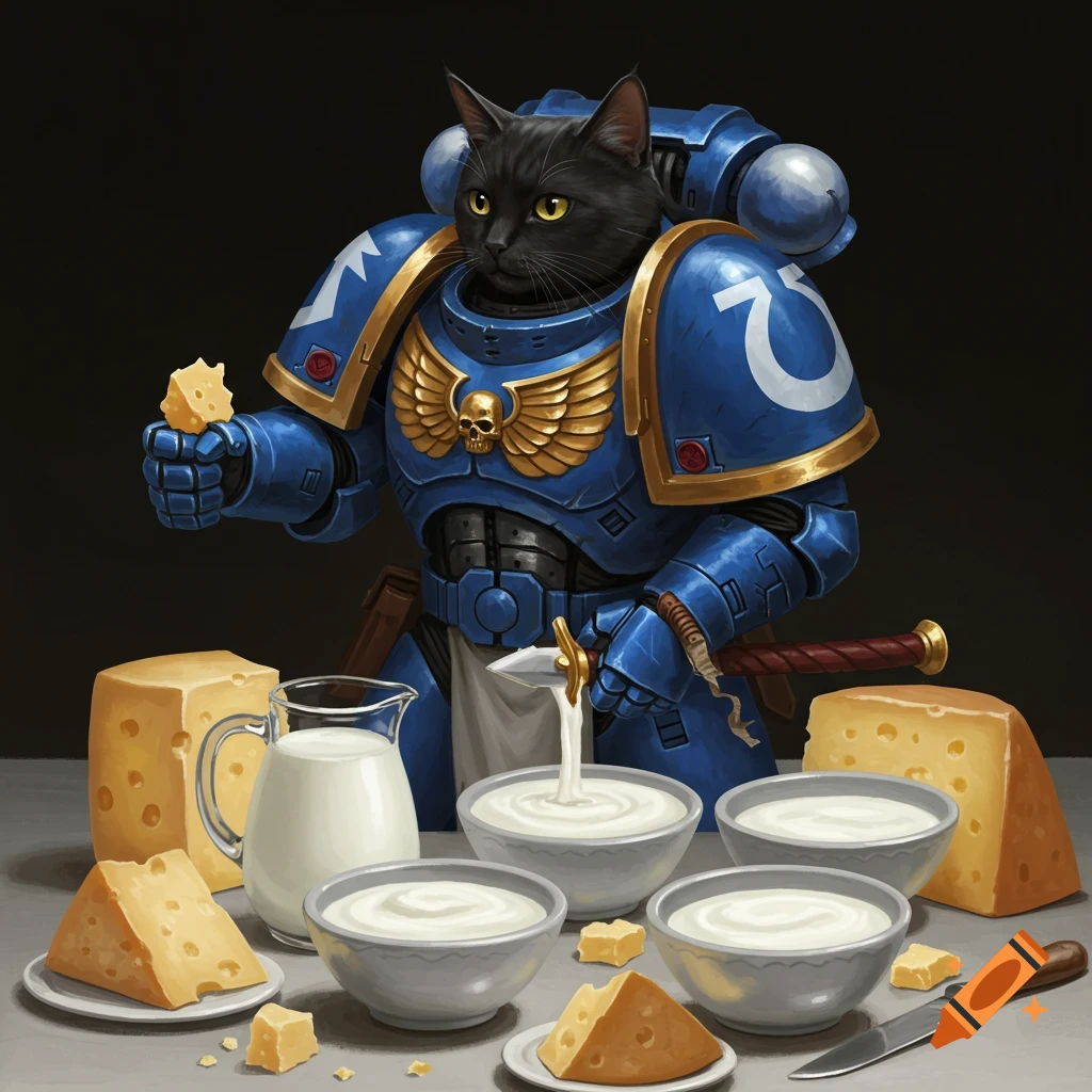 Black cat in Warhammer 40k Ultramarine armor with milk and cheese. on ...