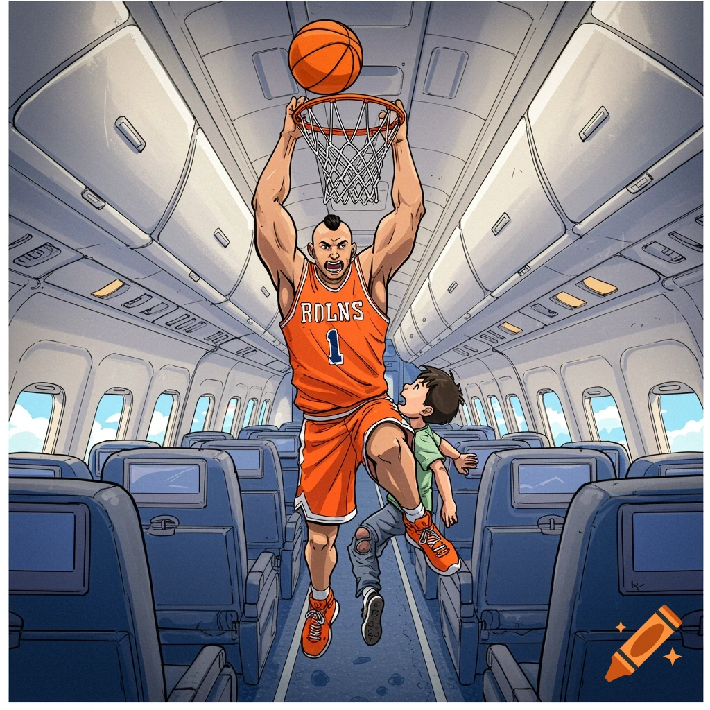 Man dunking on a child with a basketball inside an airplane. on Craiyon