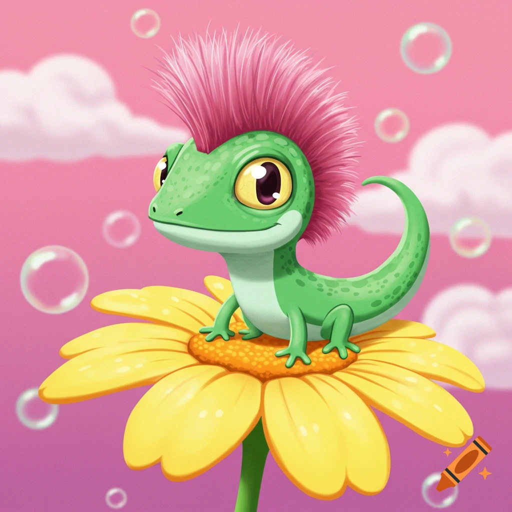 Cartoon lizard and hummingbird on a pink flower with hearts on Craiyon