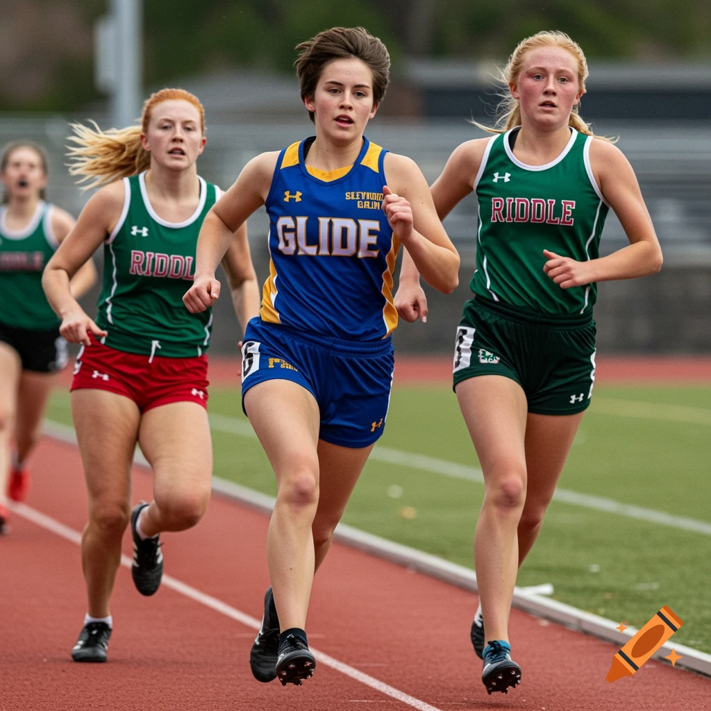 Girl in blue and gold jersey running on track on Craiyon