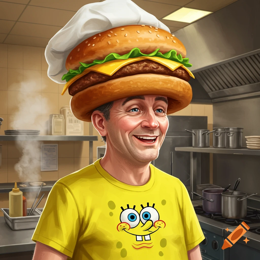 Chef wearing a burger hat and SpongeBob t-shirt on Craiyon