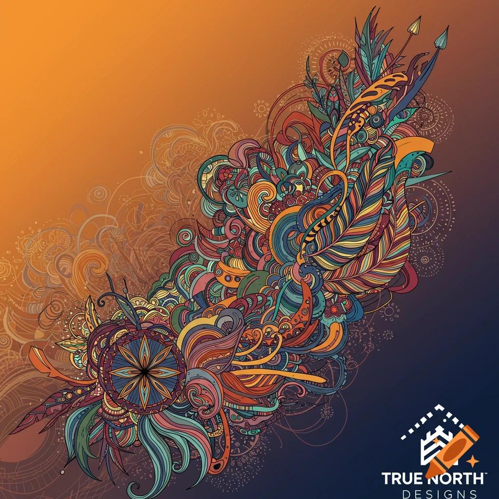 Colorful abstract illustration featuring feathers, swirly lines, and a ...