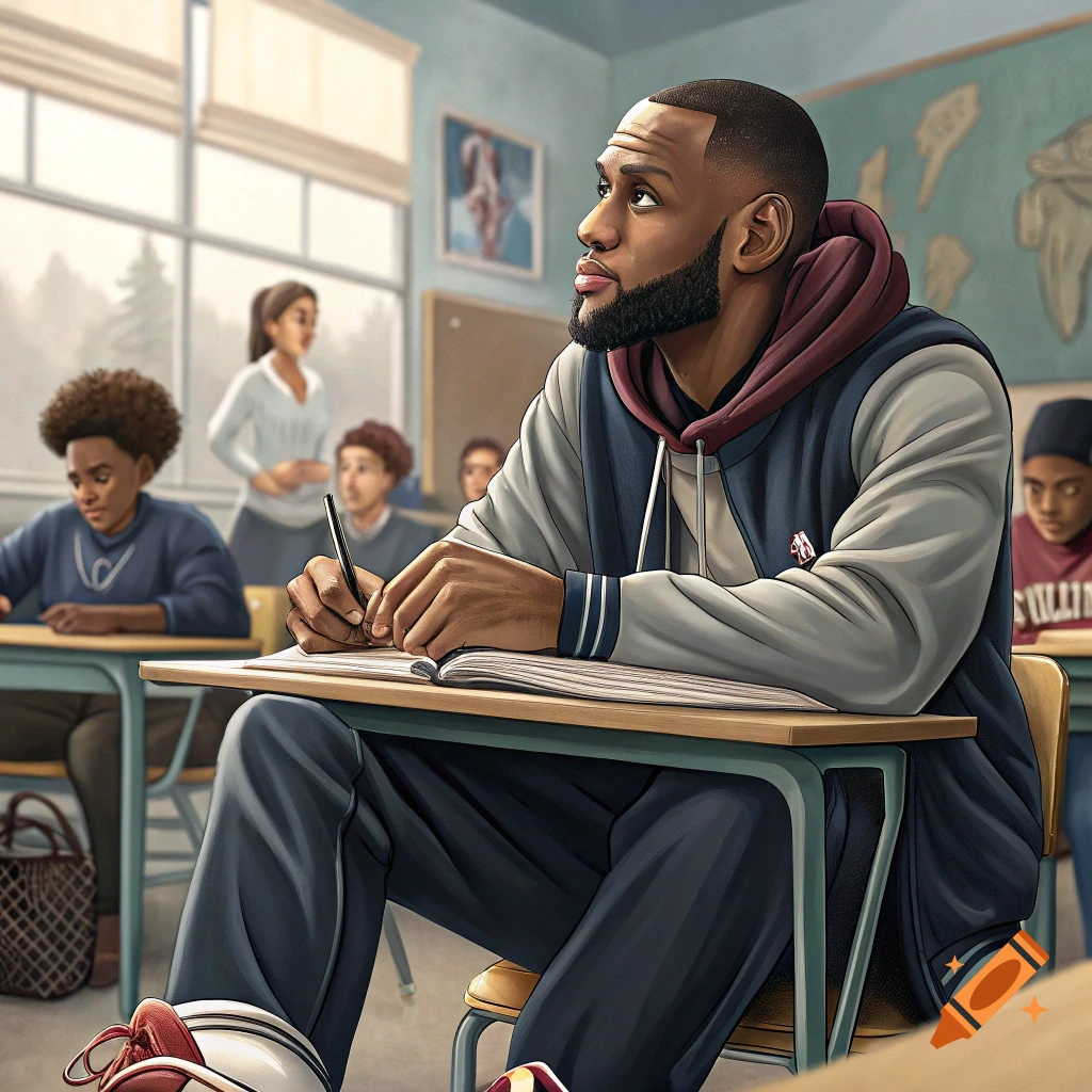 Illustration of a man resembling LeBron James sitting at a desk in a ...