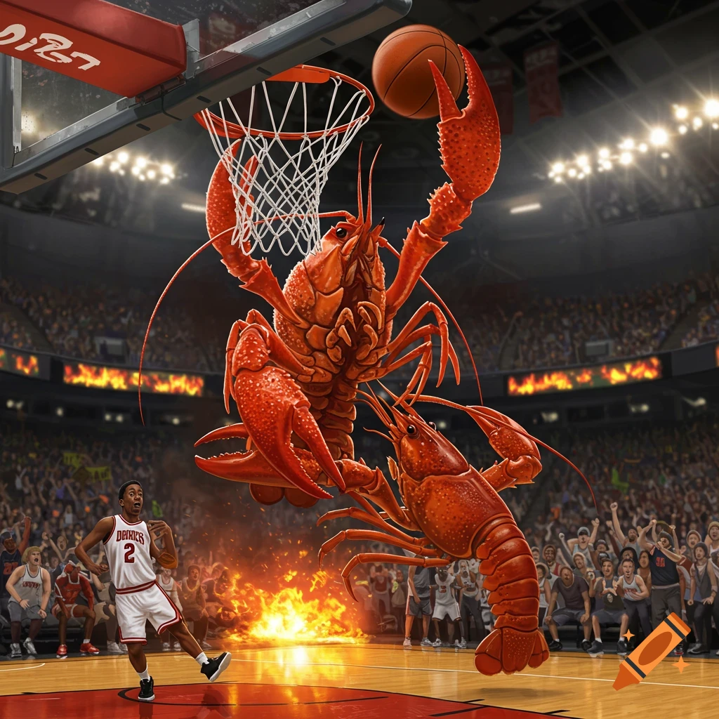 Crawfish dunking on lobster, winning basketball game on Craiyon