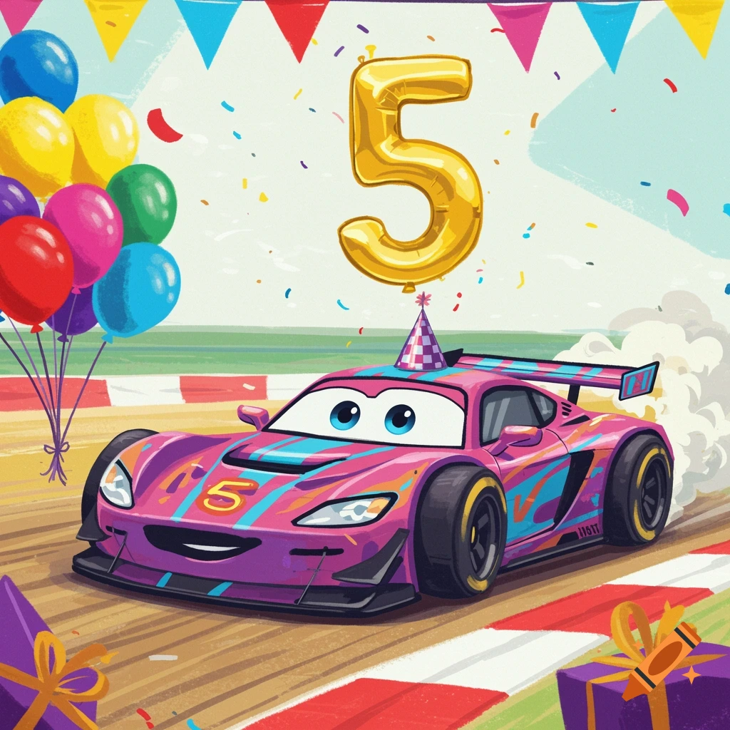 Cartoon race car with a birthday hat at a party, with a number 5 ...