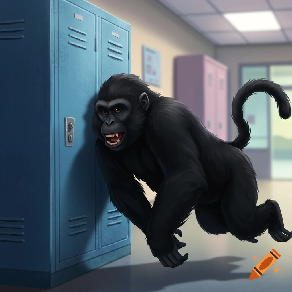A black monkey creature with bared teeth crouches next to a blue locker ...