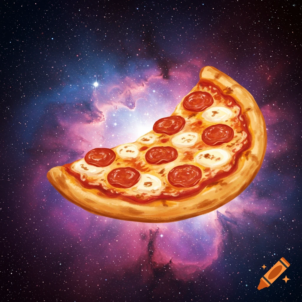 A cartoon moon with a face eating a slice of pepperoni pizza in outer ...