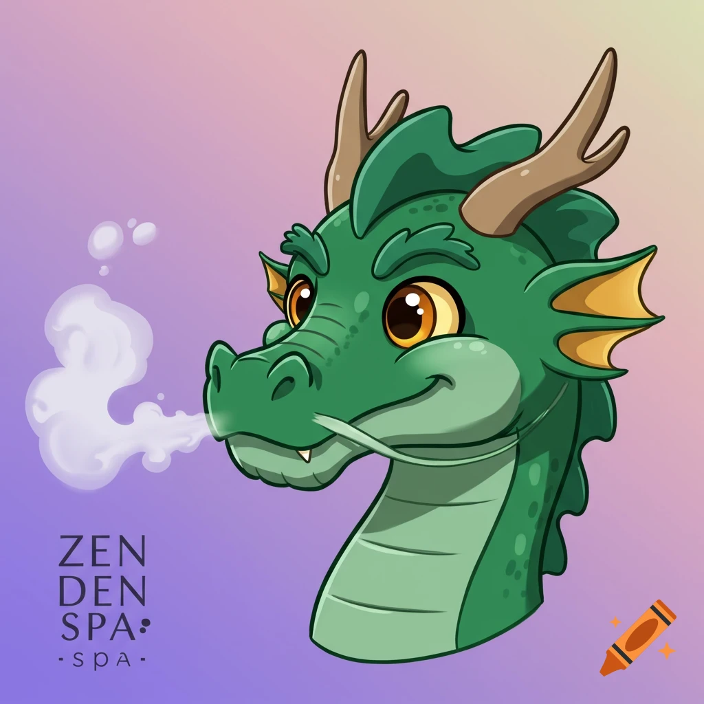 Zen Den Spa logo with a dragon mascot blowing steam on Craiyon