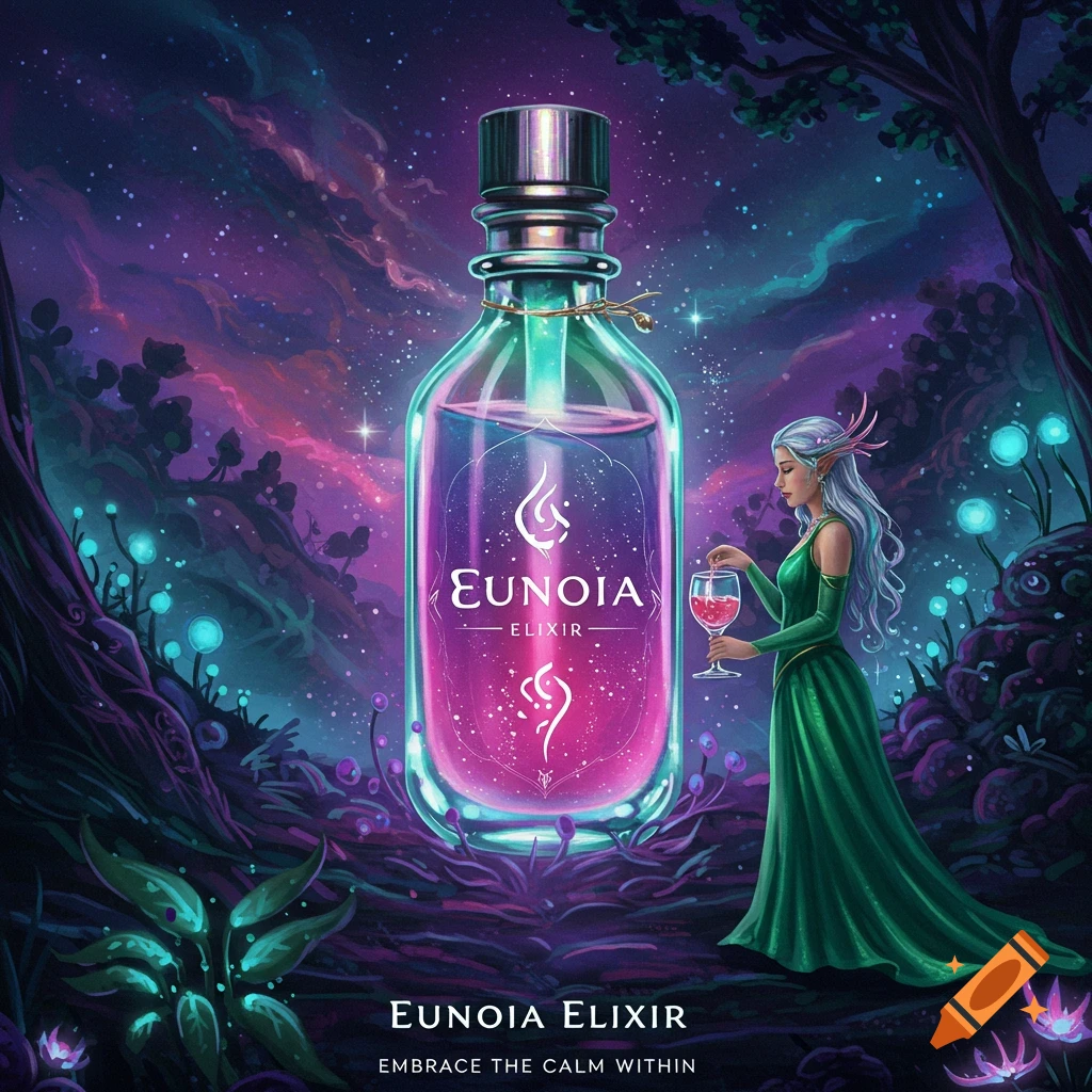 A fantasy advertisement shows an elf next to a large potion bottle ...