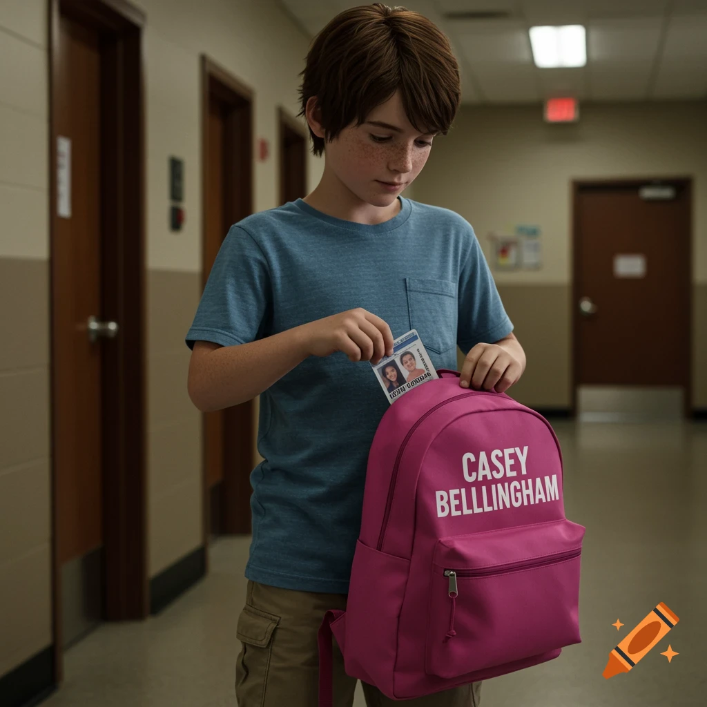Boy with ID card and bookbag in hallway on Craiyon