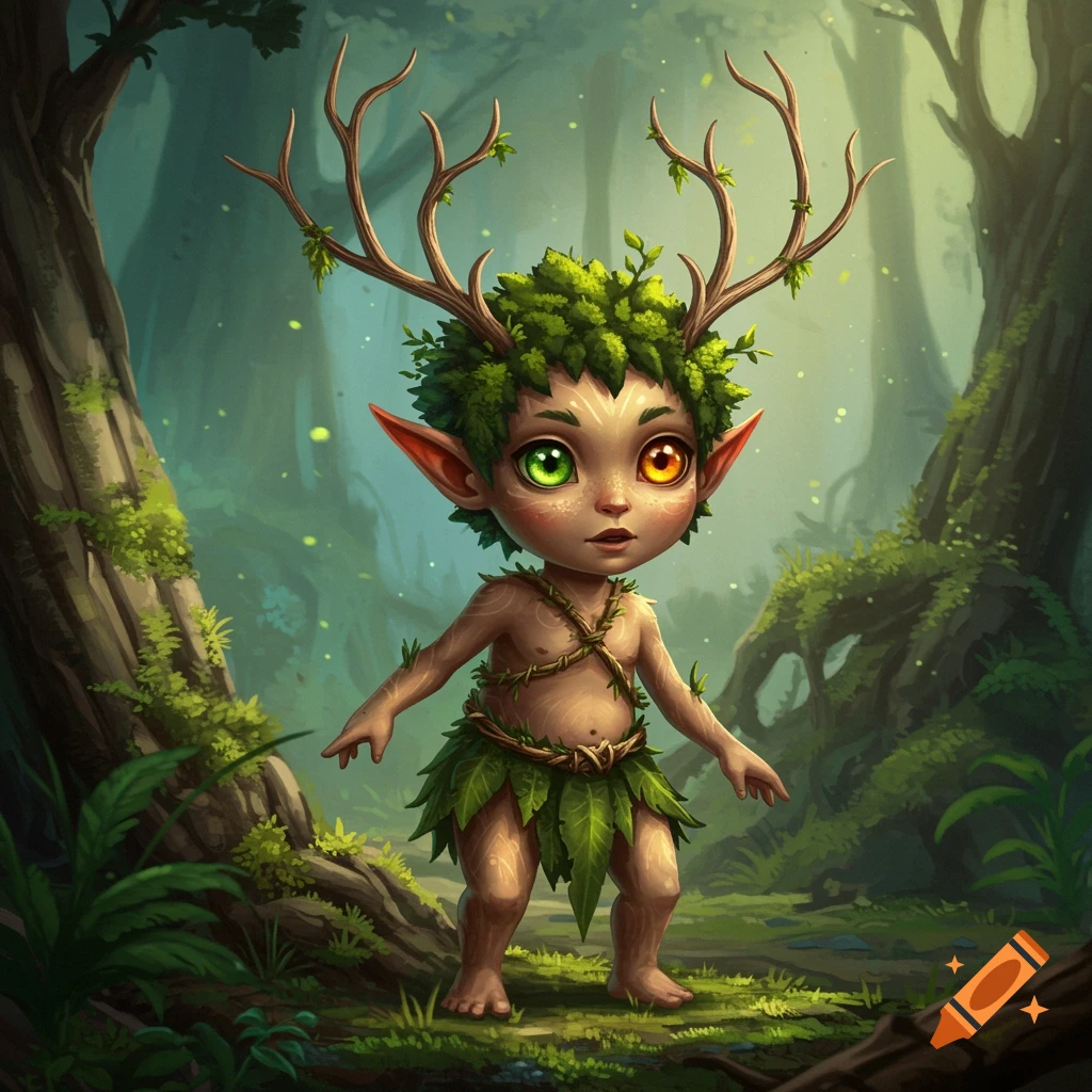 A small fantasy creature with antlers, leaves for hair and clothing, and mismatched eyes stands ...
