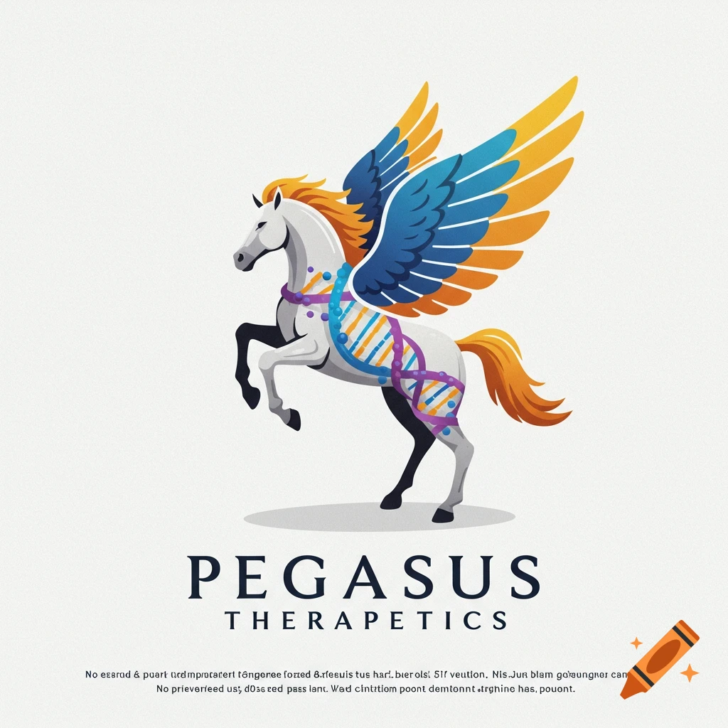Minimalist logo of a pegasus with DNA patterns on its body, standing ...