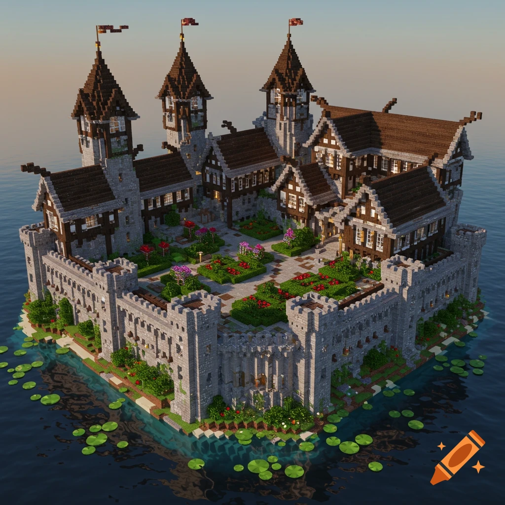 Detailed Minecraft castle build on an island with courtyard gardens on ...