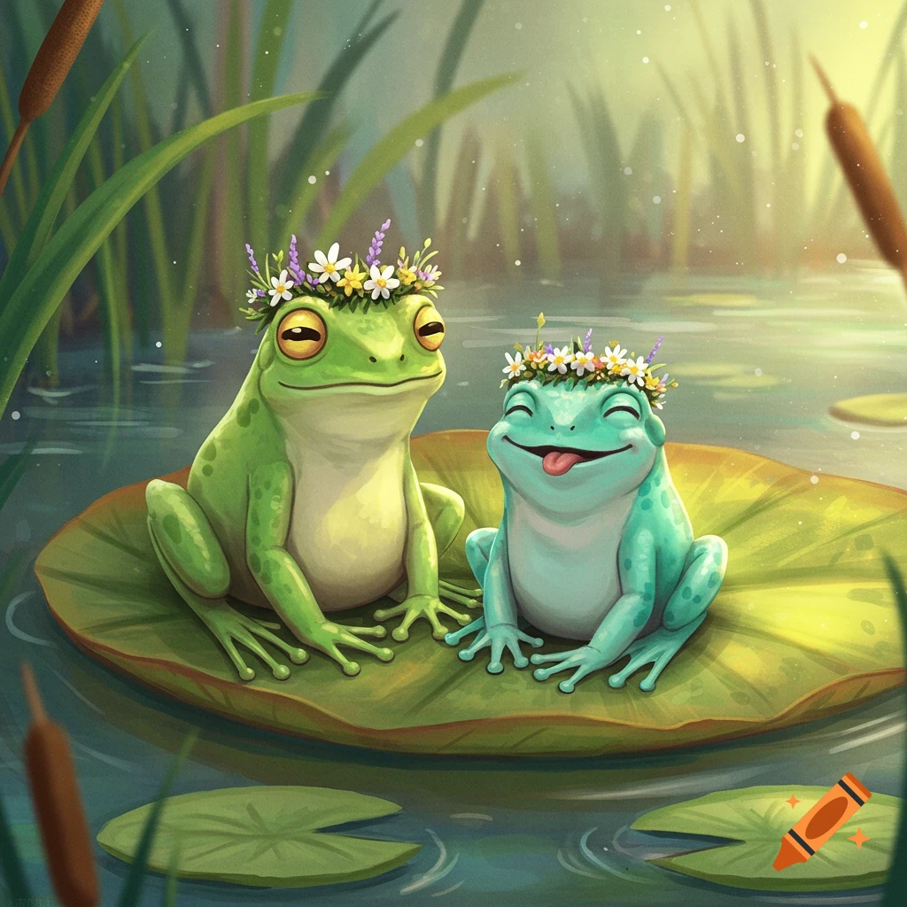 A colorful group of frogs on lily pads in a mystical pond at night. A ...