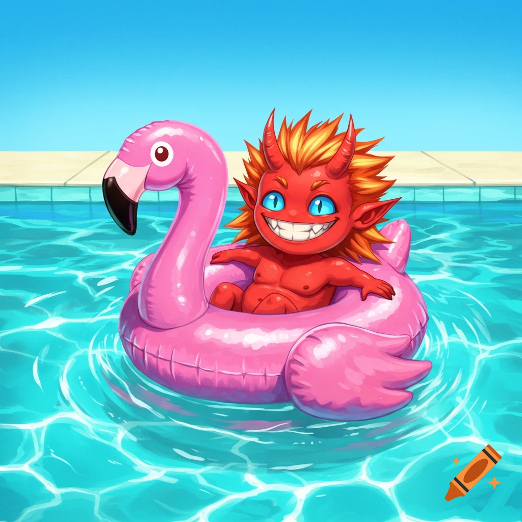 Cartoon red demon character floats in a pink flamingo in a swimming pool. on Craiyon