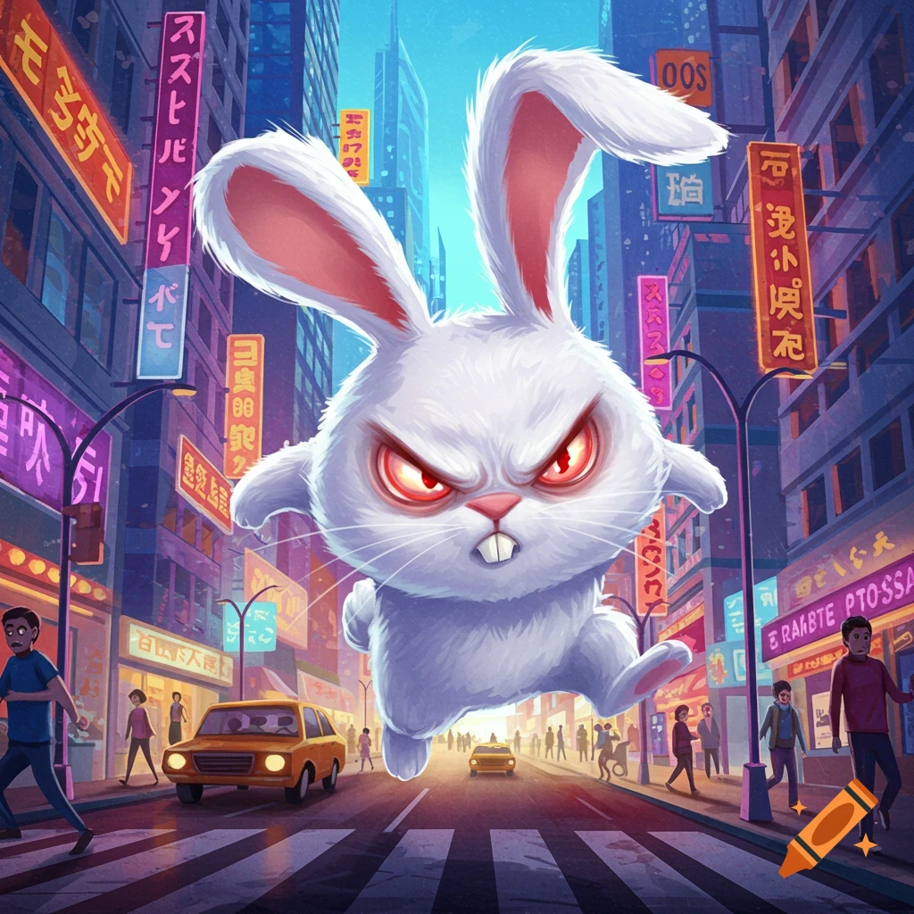 Bunny hopping in the city, looking angry on Craiyon
