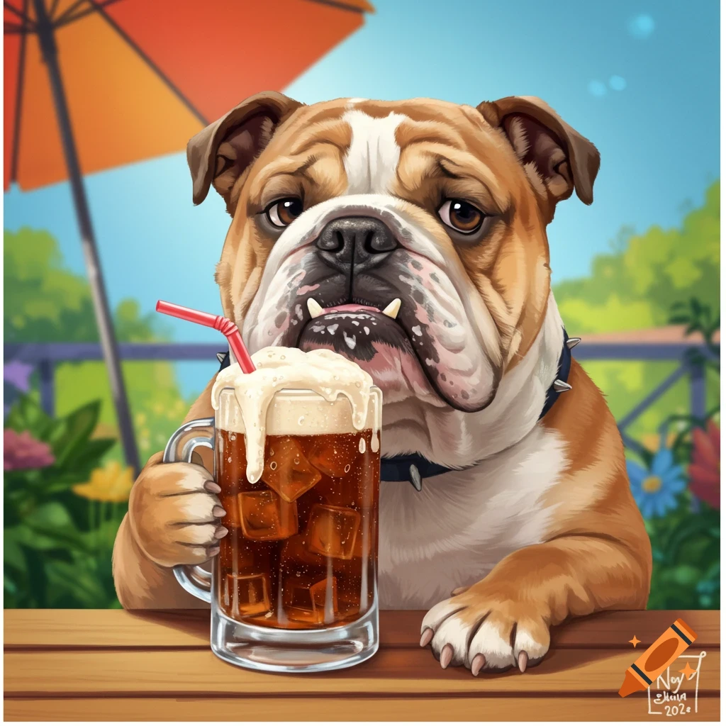 Bulldog sitting at a table outside, holding a mug of root beer with ...