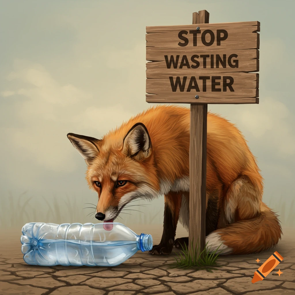 Sad fox with empty bottle and anti-waste sign on Craiyon