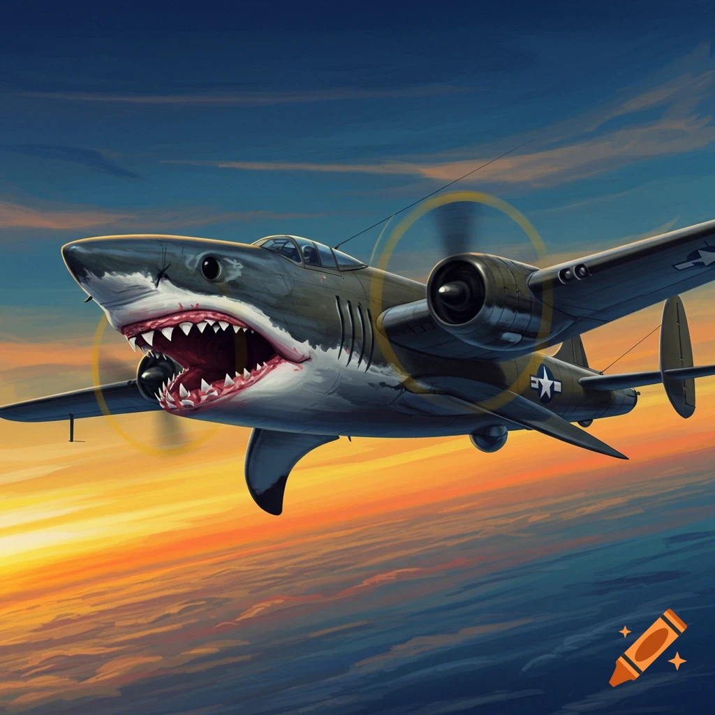 A military aircraft with a shark mouth flying at sunset. on Craiyon